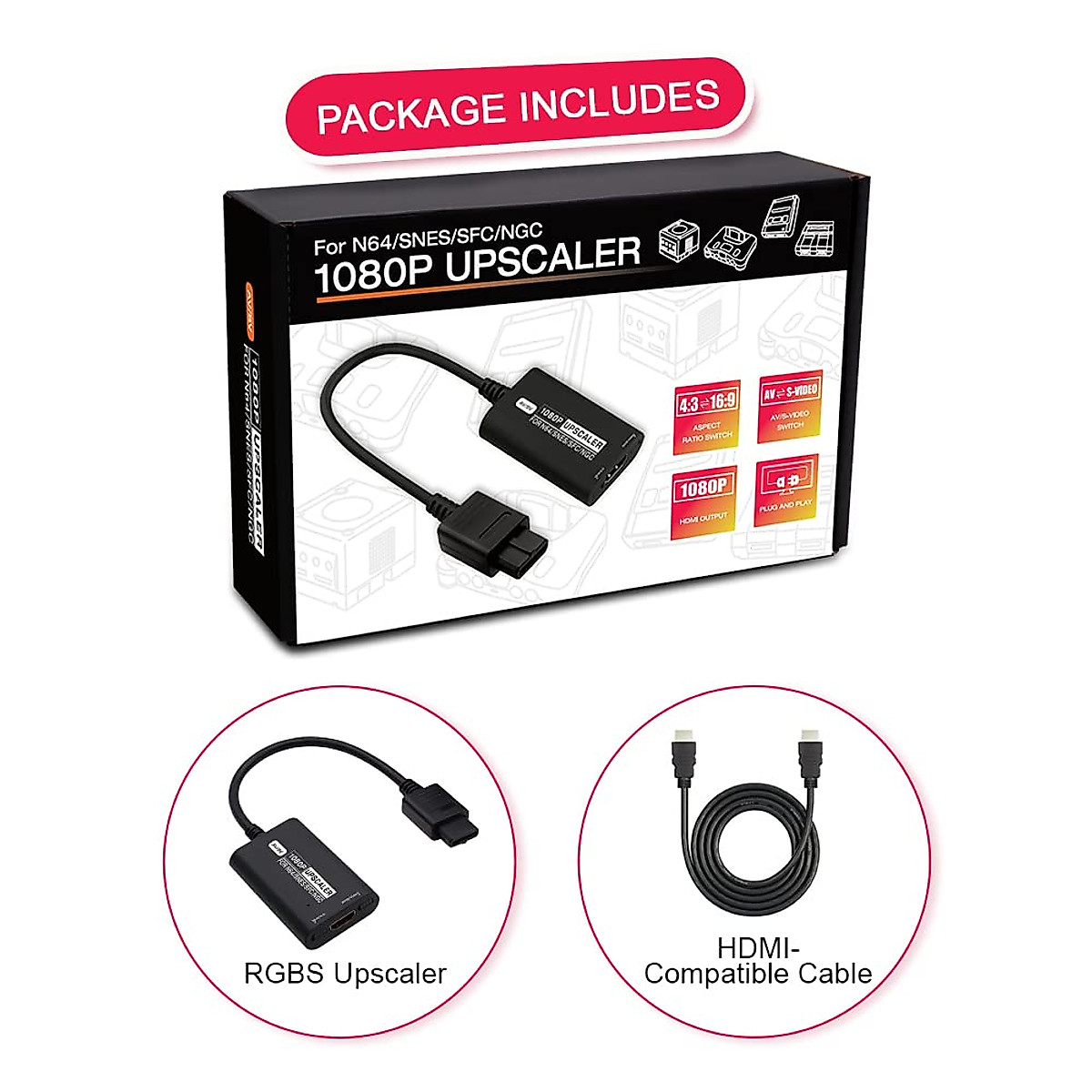 Kacenray HDMI Converter for Nintendo Gamecube NGC N64 SNES SFC 1080P Upscaler HDMI Adapter with 4:3/16:9 Aspect Ratio Switch for Nintendo Game Console