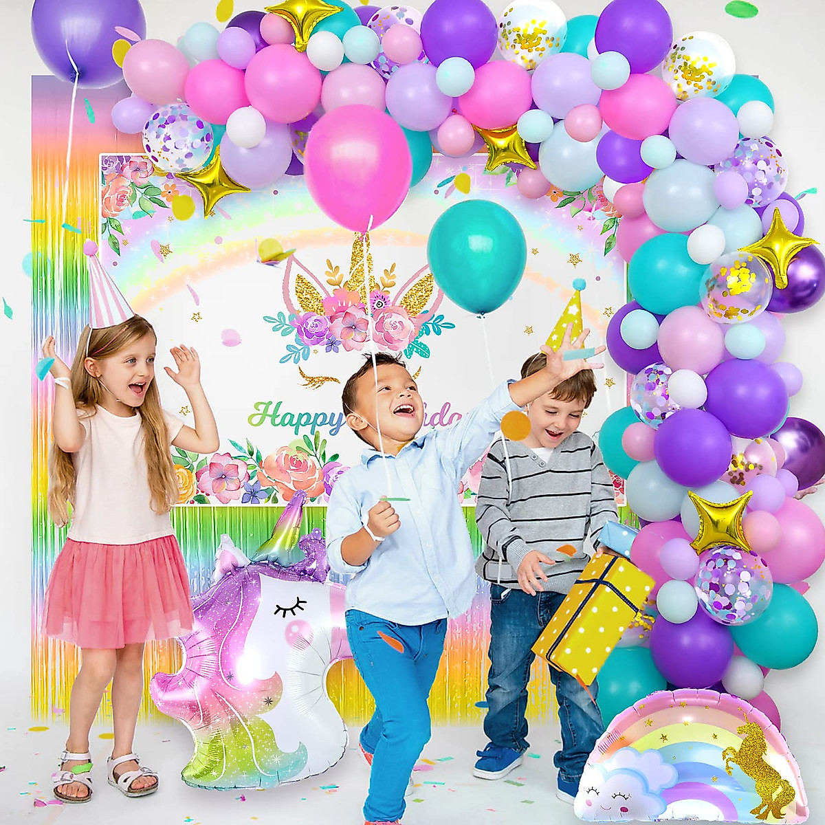 129Pcs Unicorn Theme Birthday Party Decorations Supplies For Girls,Rainbow Unicorn Balloon Garland Arch Kit With Unicorn Backdrop Tablecloth,Fringe Curtain Rainbow Gold Confetti Pink Purple Balloons