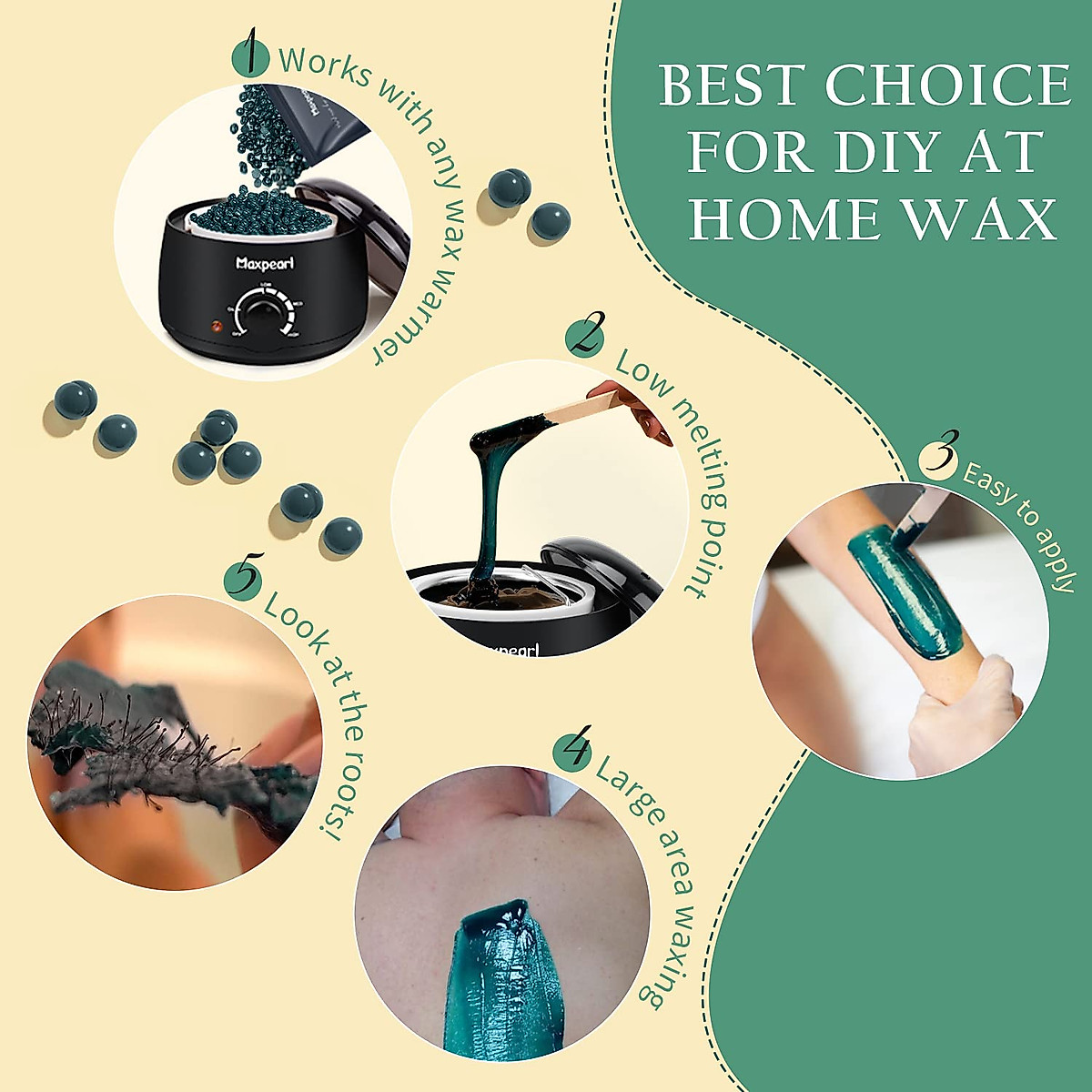 Maxpearl Hard Wax Beads, 300g Hair Removal Wax Beans for Brazilian Bikini, Face, Eyebrows, Underarms, Arms, Chest, Back, Legs, Pack of 3