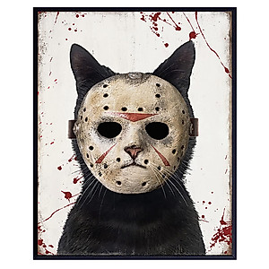 Cat Yellowbird Art & Design Wall Art - Friday the 13th Wall Art - Cute Cat Decor for Men - Funny Cat Gift for Men - Man cave Wall Art - Scary Halloween Wall Art - Black cat Horror Poster 8x10 UNFRAMED