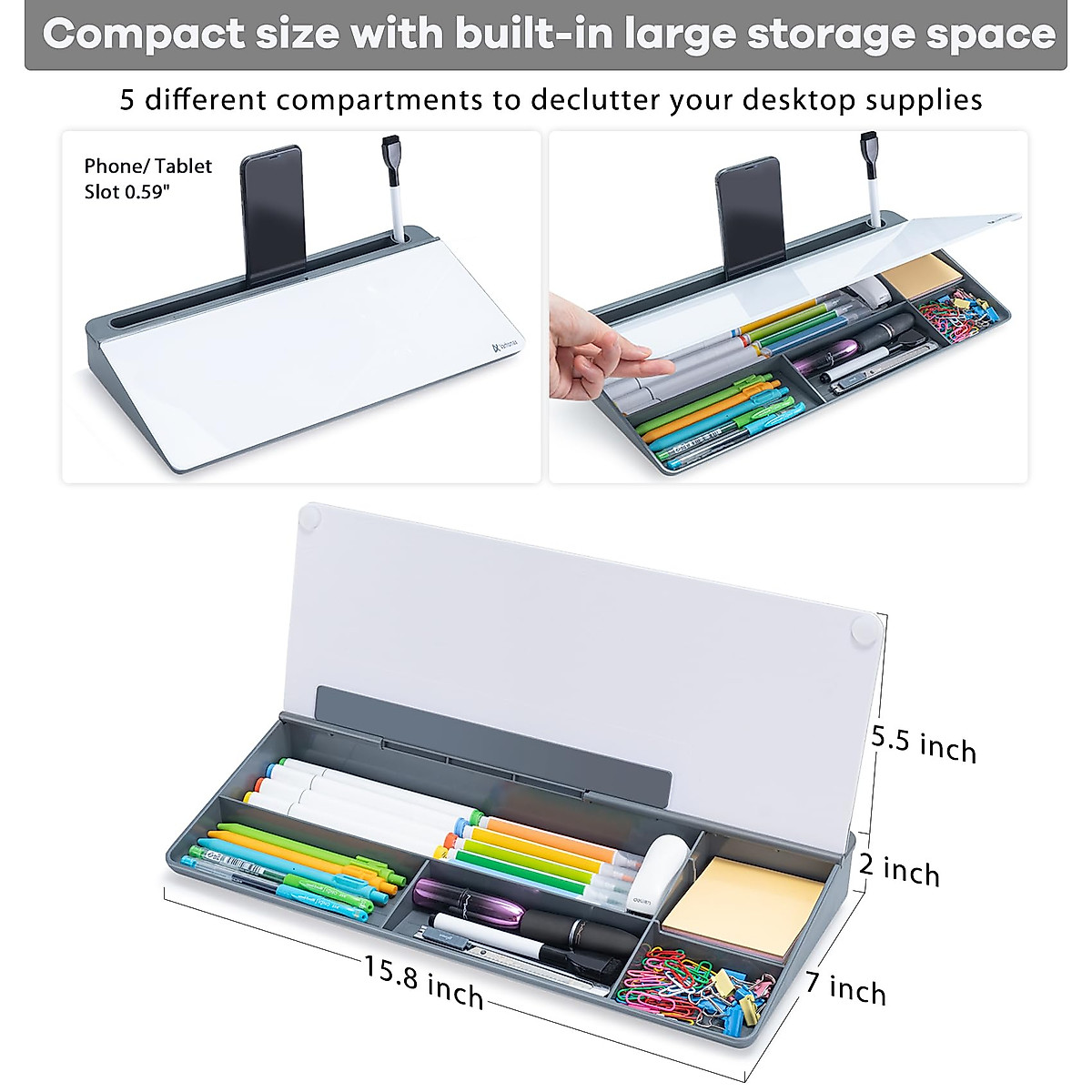 Desk Whiteboard Dry Erase Glass Whiteboard, Varhomax Desktop White Board to-do List Memo Notepad for Home Office and School Accessories Supplies with Storage Caddy for Computer Keyboard Stand (Gray)