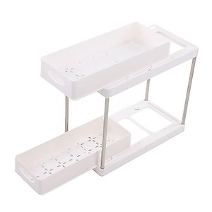 Under Sink Organizer, Slide Out Storage Basket, HIPS Pull Type Double Layer Storage Rack Set Desktop Cosmetic Organizer Holder for Kitchen Bathroom(White)