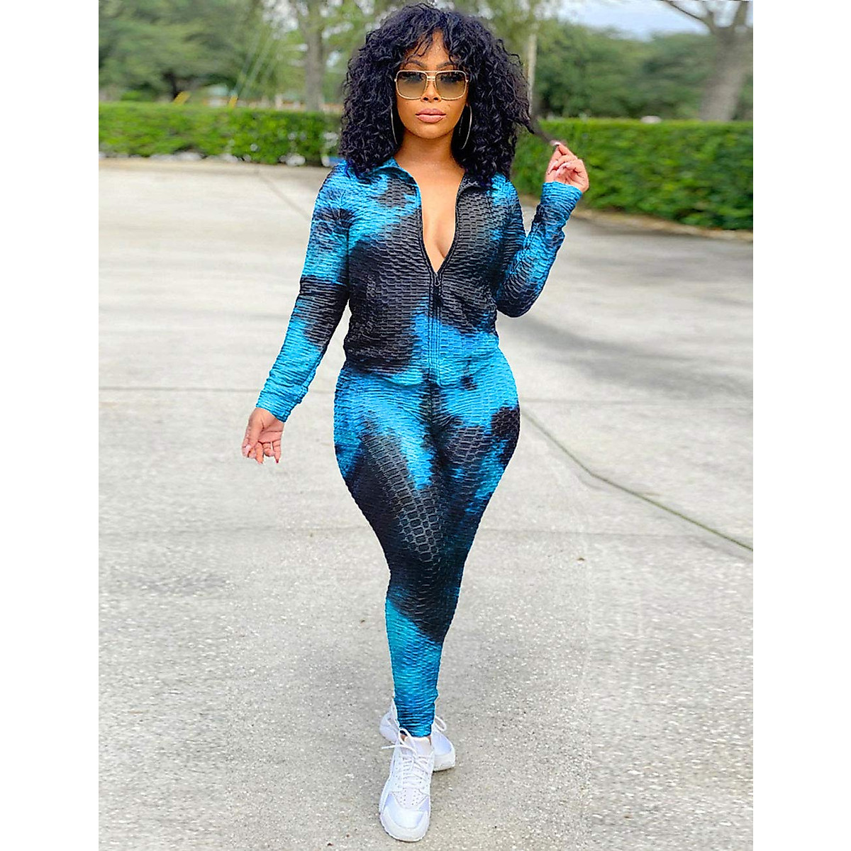 KANSOON Women Jogging Suit Set Textured 2 Piece Outfit Long Sleeve Zipper Jacket + Bodycon Pants Track Suits Sets Blue Black L