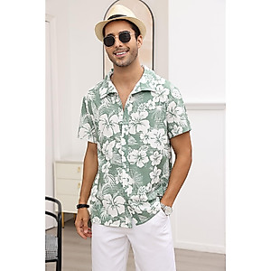 Men's Novelty Hawaiian Floral Shirt Summer Casual Button Down Tropical Holiday Beach Shirts Green