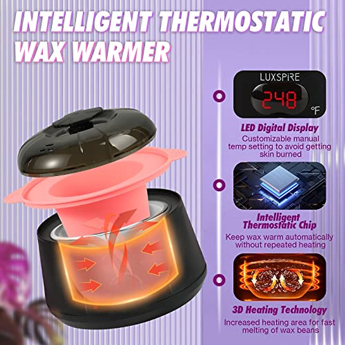 Luxspire Wax Warmer for Hair Removal, Waxing Kit for Women, Digital Wax Machine with Silicone Wax Pot, 4 Pack Hard Wax Beads, Waxing Applicator, Wax Pot, Home Self Waxing Kit for Body Eyebrow Bikini