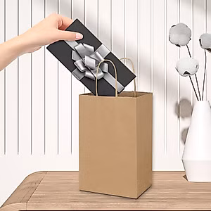 Toovip 50 Pack 5.25x3.25x8.25 Inch Small Plain Brown Kraft Paper Bags with Handles Bulk, Gift Bags for Favor Grocery Retail Party Birthday Shopping Business Goody Craft Merchandise Take Out Sacks