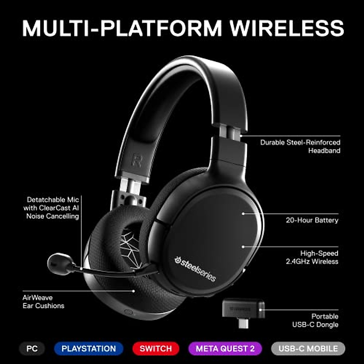 SteelSeries Arctis 1 Wireless Gaming Headset – USB-C – Detachable Clearcast Microphone – for PC, PS4, Nintendo Switch and Lite, Android – Black