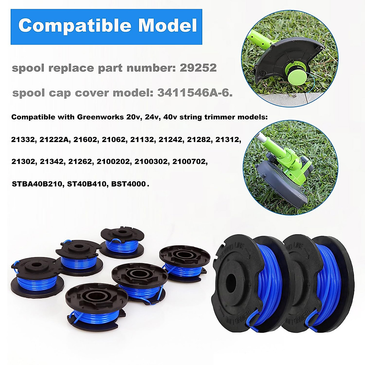 JOYCOLY Weed Eater String Replacement Spool Compatible with Greenworks 21332 21342 24V 40V 80V Cordless String Trimmer, 0.065 Inch Single Line Auto-Feed Spool, Model 29252 (6 Spool, 1 Cap) Blue