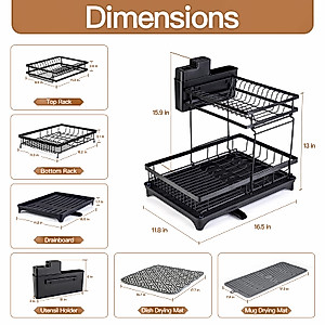 T.R.Sani. Dish Drying Rack with Multi-Functional Drying Mats, Two Tiers Large Storage Dish Rack for Kitchen Counter, Black