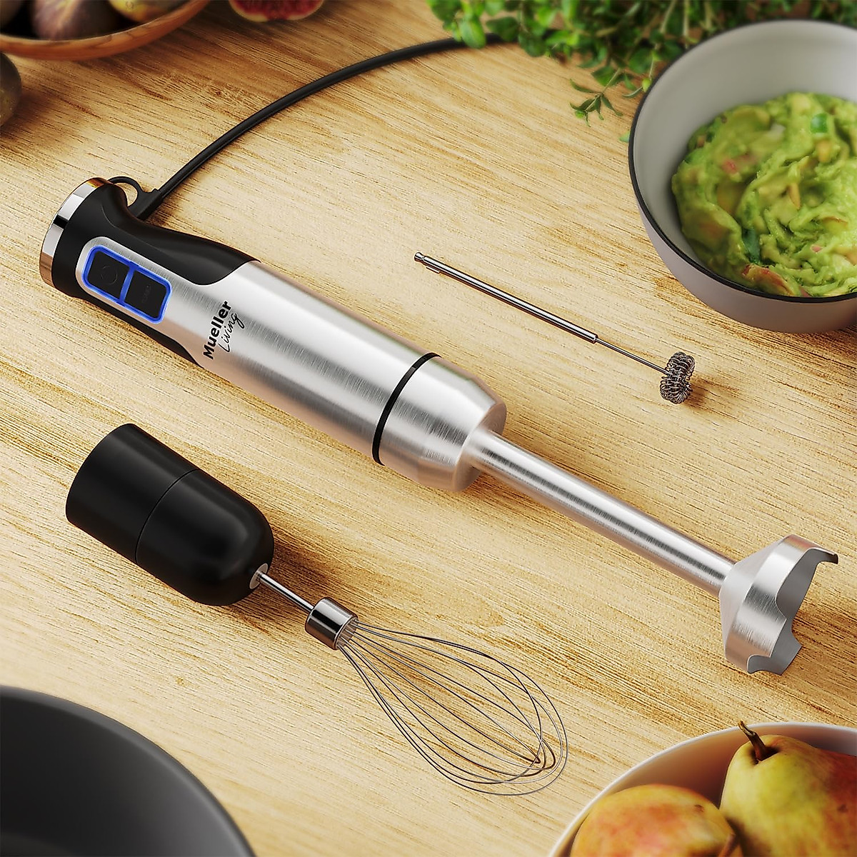 Mueller Ultra-Stick 500 Watt 9-Speed Immersion Multi-Purpose Hand Blender Heavy Duty Copper Motor Brushed 304 Stainless Steel With Whisk, Milk Frother Attachments