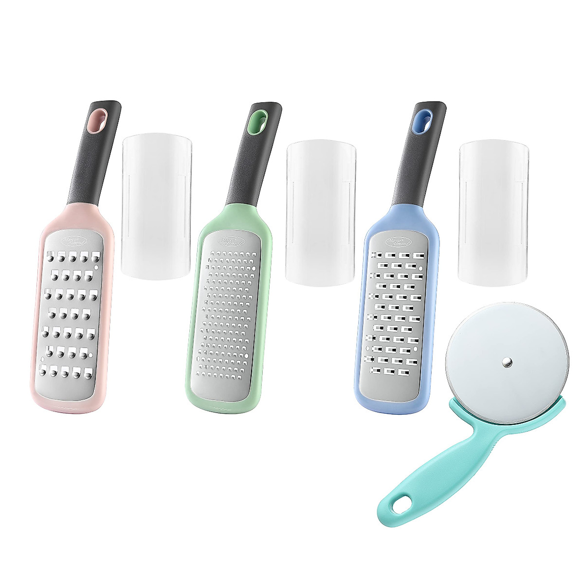 Marco Almond MA61 Cheese Graters Set of 4 + Marco Almond KYA47 Rainbow Titanium Serrated Stainless Steel Steak Knives Set of 8