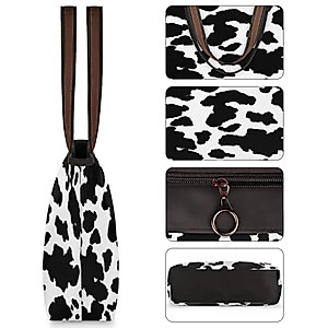 Cow Animal Print Large Totes Top Handle Purse Women Shoulder Bag, Black and White Camo Print Tote Bag with Zipper Handbag for Travel School Girls