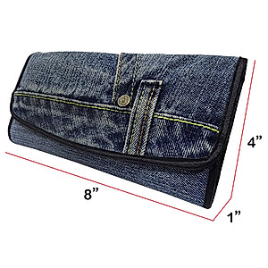 Up-cycling Blue Denim Tri-fold Large Capacity Long Wallet Wristlet Purse Clutch for Women (Dark)