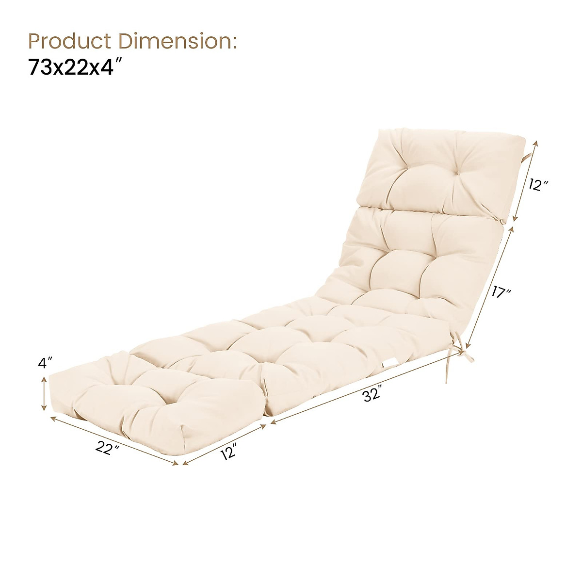 Chair, 72” x 22” x Chaise Lounge w/4 String Ties, Thickened, Tufted Patio Recliner for Outdoor Indoor Cushions, 1 Count (Pack of 1), Beige