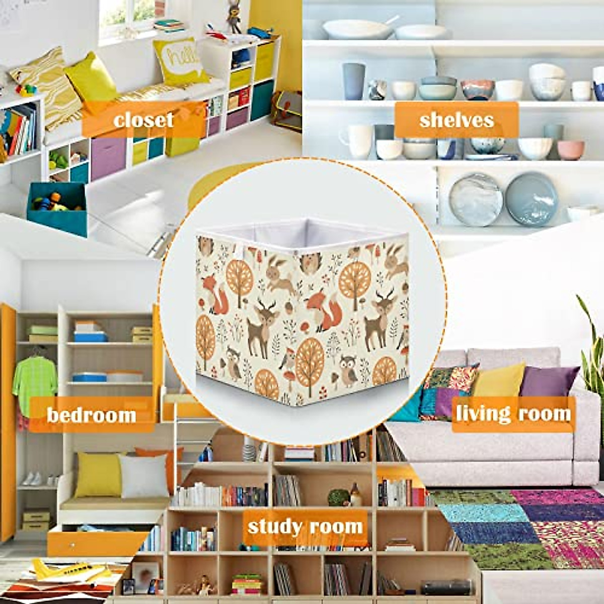 ALAZA Collapsible Storage Cubes Organizer,Autumn Forest Jungle Animal Fox Deer Rabbit Storage Containers Closet Shelf Organizer with Handles for Home Office
