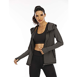 Koscacy Zip Up Hoodie Women,Lightweight Long Sleeve Full Zip Up Fitness Athletic Hoody High Elastic Ultra Soft Light Weight Sweater Sweatshirt Black Heather X-Large