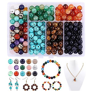 235 pcs Natural Round Stone Beads for Jewelry Making Kit Mixed Genuine Gemstone Beads Smooth Loose Beads Bulk Beading for DIY Bracelet Necklace Earrings, Turquoise, Agate, Tiger Eye, Aventurine(8 mm)