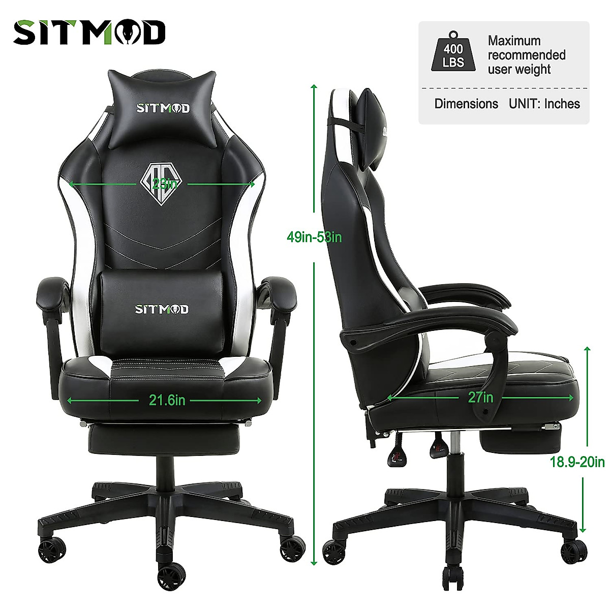 SITMOD Gaming Chair with Footrest-PC Computer Ergonomic Video Game Chair-Backrest and Seat Height Adjustable Swivel Task Chair for Adults with Headrest and Lumbar Support(Black-White)-PU Leather
