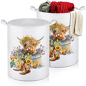 Blushtier 2 Pcs Highland Cow Laundry Basket Foldable Waterproof Oxford Cloth Cow Basket Cow Print Hamper Scottish Cattle Storage Bin Clothes Storage Bucket Toy Organizer Nursery Bathroom 13.8" x 17.7"