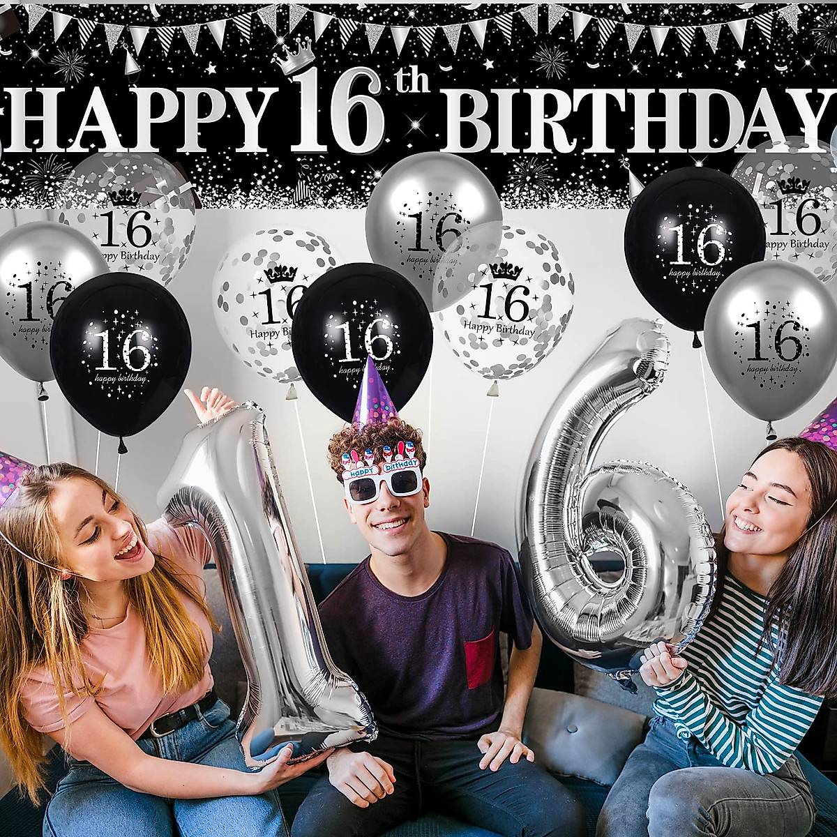 Black Silver Happy 16th Birthday Decorations Black Silver Happy 16th Birthday Banner Yard Sign and 18Pcs Black Silver 16th Birthday Balloons for Boys Girls Birthday Anniversary Party Decor Supplies