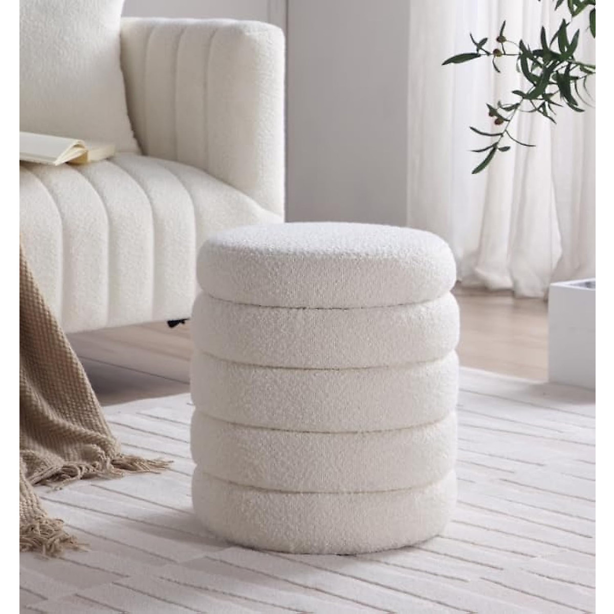 Modern Round Ottoman with Soft Padded Seat, Storage Vanity Chairs for Makeup, Upholstered Footrest Stool Ottoman Foot Stool for Living Room, Bedroom