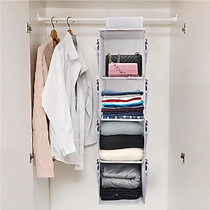 PetsHome 4-Shelf Hanging Closet Organizer, Space Saver, Closet Hanging Storage Shelves with Mesh Pockets & Magic Tap for Storage, Foldable-Grey