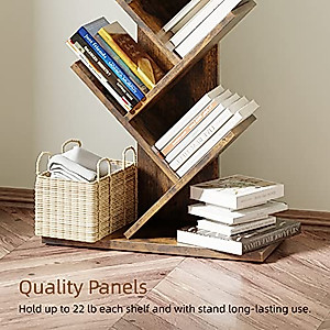 Shintenchi 9 Tier Tree Bookshelf, Bookcase Wooden Shelves, Display Floor Book Shelf Space Saver for Living Room, Home Office, Bedroom, Rustic Brown