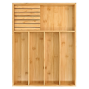 VaeFae Bamboo Silverware Organizer, Utensil Holder for Drawer, Wooden Cutlery Tray with Divider for Kitchen, Flatware Storage and Removable Knife Block, 13 x 17 inches
