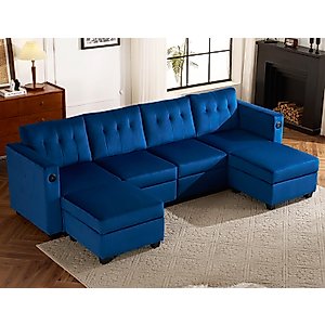 ohllob 6 Seat Modular Sectional Sofa with Storage & USB Ports, 108" Velvet Couches for Living Room, U Shaped Sofa Bed Couch, Blue