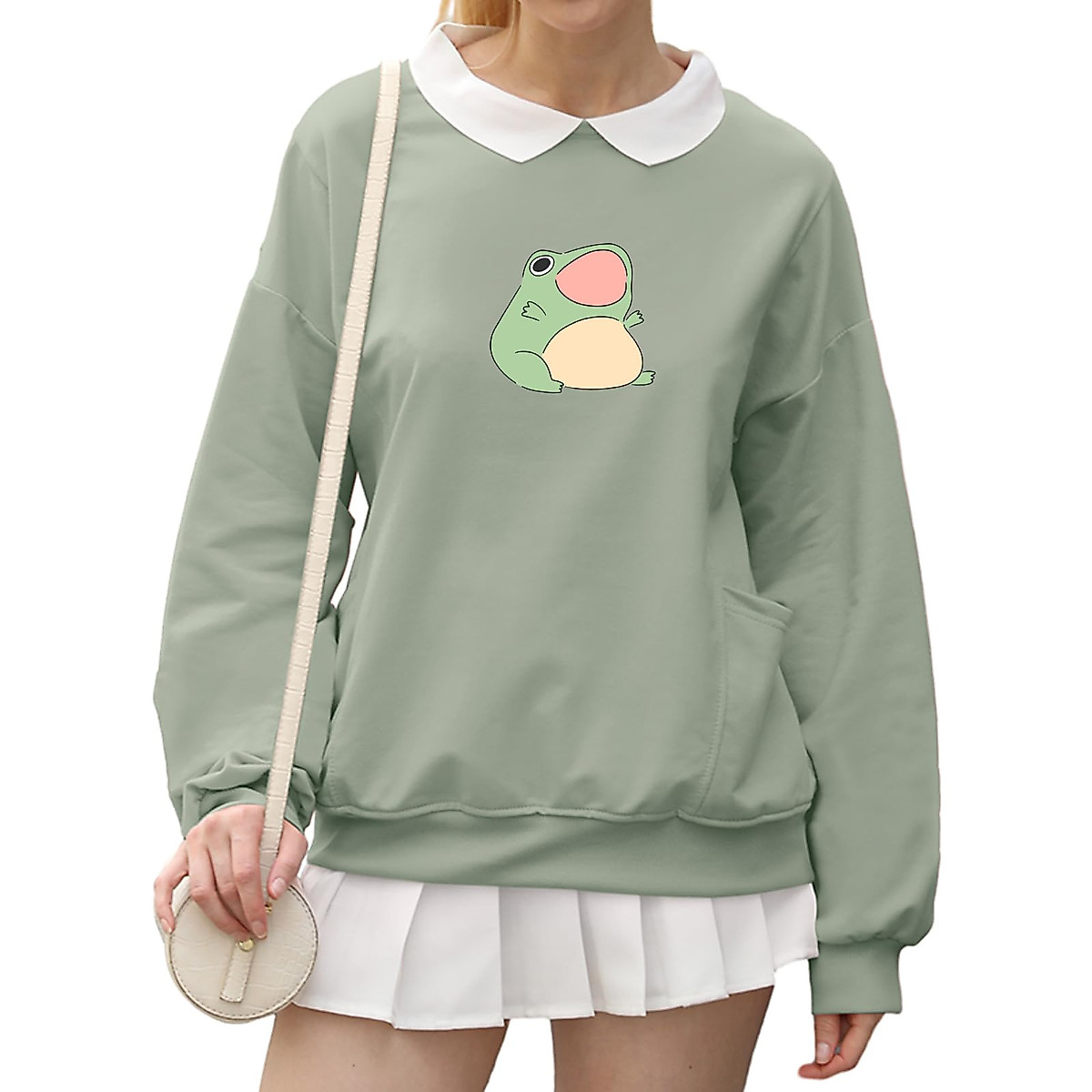KIEKIECOO Cute Aesthetic Frog Sweatshirt for Teen Girls Kawaii Cartoon Graphic Hoodie Womens Preppy Cotton Pullover Sweaters(Green,Medium)
