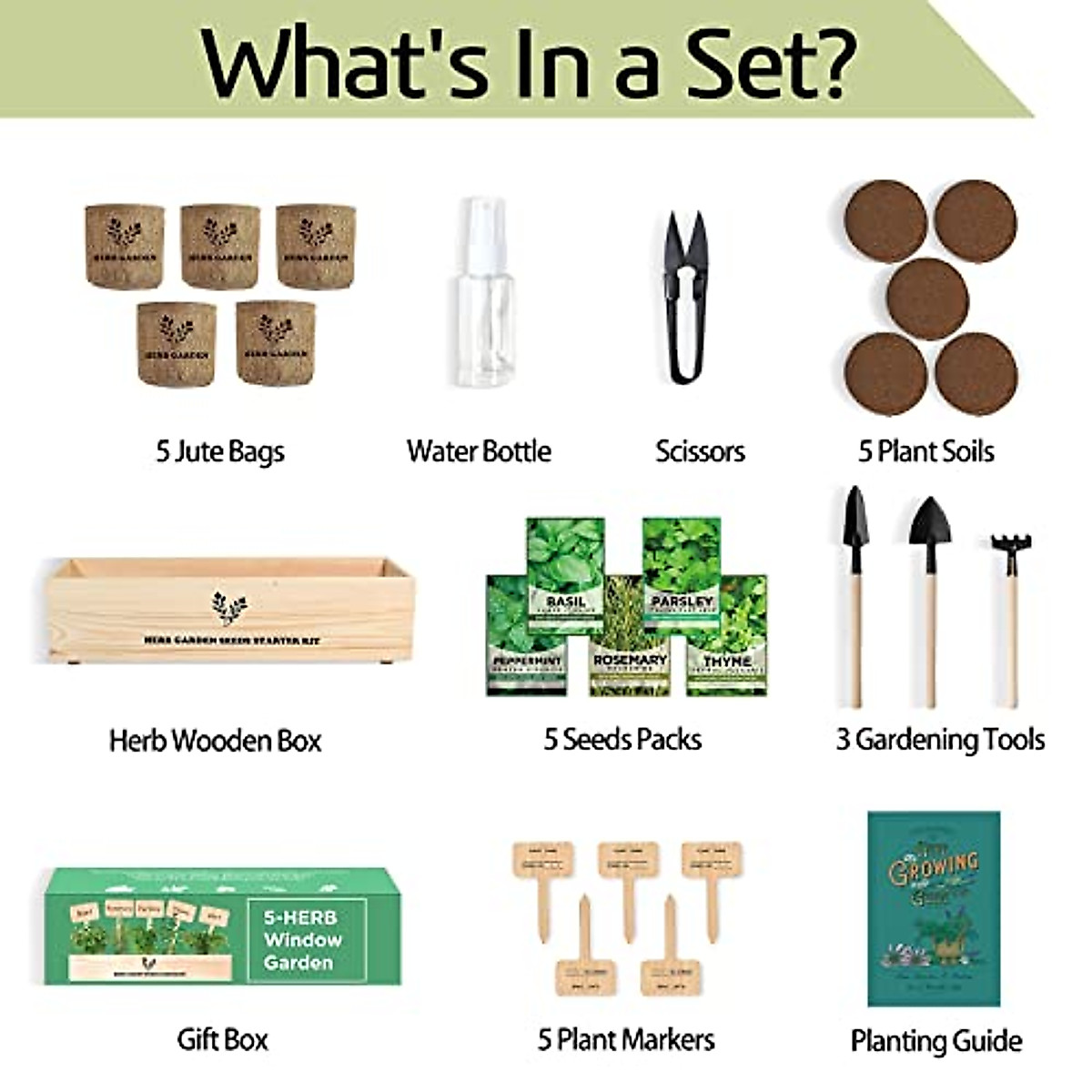 Indoor Herb Grow Kit, 5 Herb Seeds Garden Starter Kit with Complete Planting Kit & Wooden Flower Box, Growing into Basil, Parsley, Rosemary, Thyme, Mint for Kitchen Windowsill Herb Garden DIY