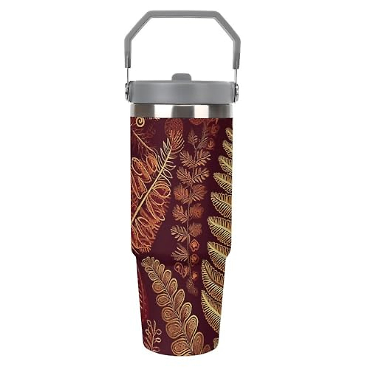 YTLKGFP 30 Oz Large Capacity Car Cup Maroon Gold Pattern Tumbler with Handle Straw Lid Insulated Stainless Steel Water Bottle Travel Mug Leak-proof Car Cup Keeps Cold Or Hot