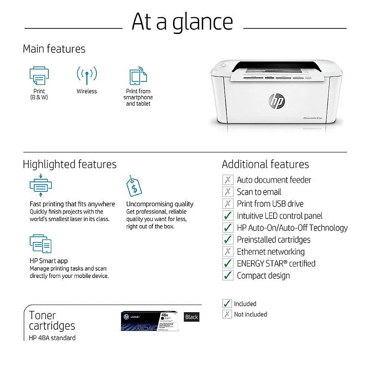 HP Laserjet Pro M15w C Single-Function Wireless Monochrome Laser Printer for Business Office - Print Only - 19 ppm, 600 x 600 dpi, 8.5" x 11" Letter, 150-sheet Capacity, Compatible with Alexa