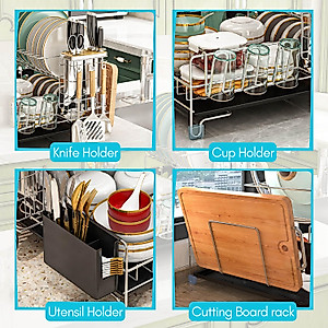 slhsy Dish Drying Rack, Stainless Steel 2-Tier Dish Rack with Cup Holder Utensil Holder Cutting Board Holder Knife Holder Drain Board for Kitchen Counter