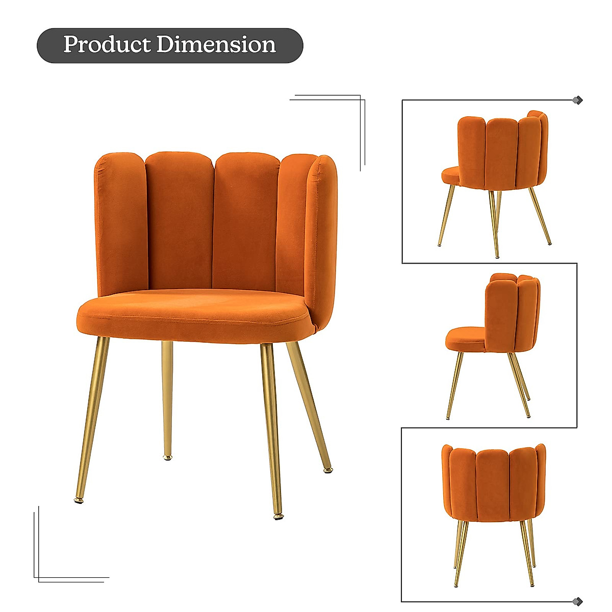 HULALA HOME Velvet Accent Chairs Modern Vanity Chairs for Makeup Room, Comfy Upholstered Dining Chairs for Living Room with Shell Back and Golden Metal Legs/Orange