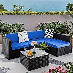 Waleaf 5 Pieces Outdoor Furniture Rattan Sectional Patio Sofa, Outdoor Indoor Backyard Porch Garden Poolside Balcony Wicker Conversation Set with Table (Dark Blue)
