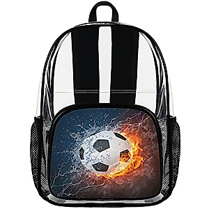 Sport Football Clear Backpack, Fire and Water Soccer Heavy Duty PVC Transparent Backpack See Through Waterproof Backpacks Large Bookbag with Adjustable Shoulder Straps for Work Travel School College