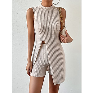 WDIRARA Women's 2 Piece Outfits Rib Knit Mock Neck Sleeveless Split Hem Tank Dress and Shorts Set Apricot XL