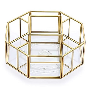 Hipiwe 360 Degree Rotating Glass Makeup Organizer- 5 Slots Gold Metal Cosmetic Storage Display Holder Octagon Dresser Bathroom Spinning Vanity Organizer For Makeup Brushes, Lipsticks, Perfume