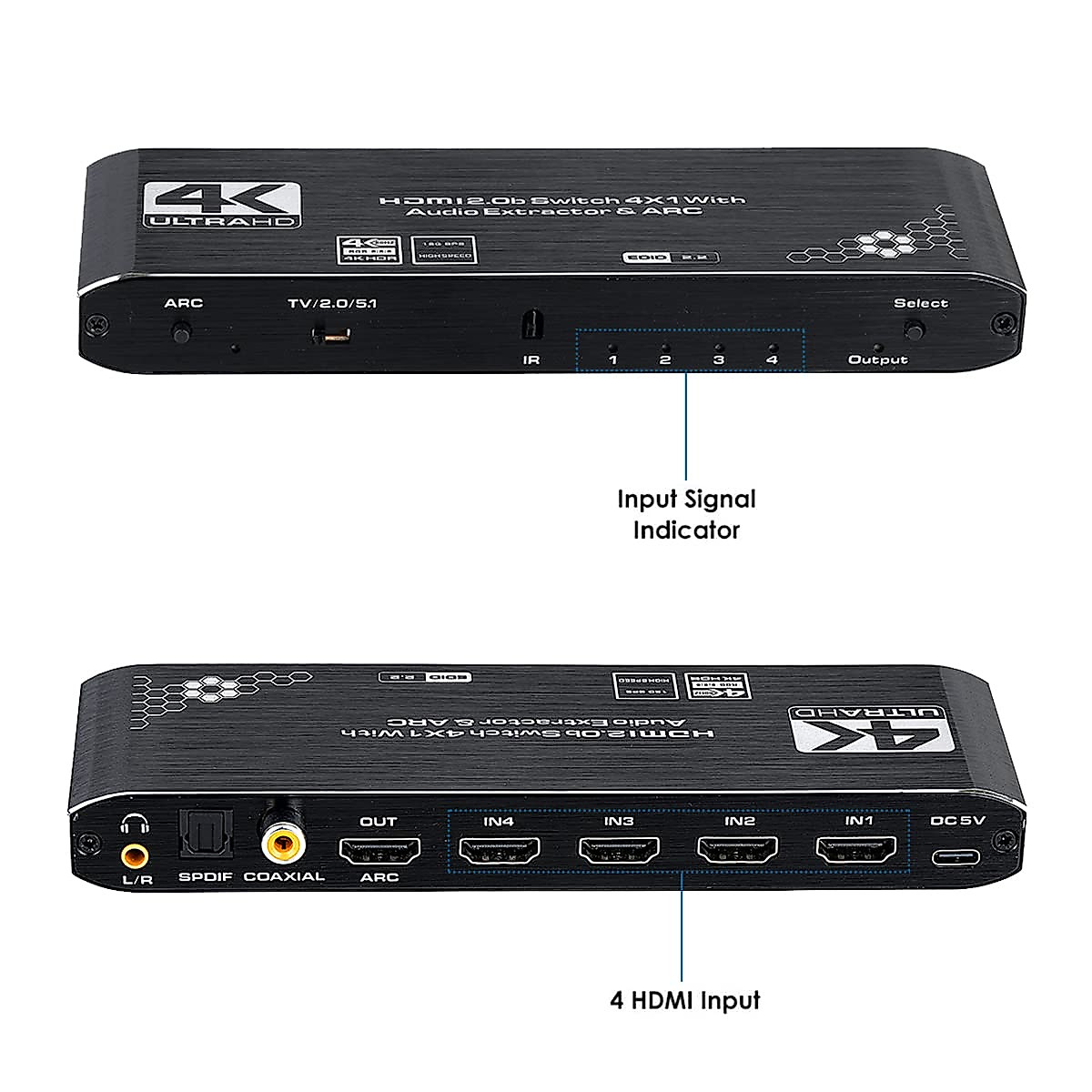 HDMI Switch 4x1 with Optical SPDIF/Coaxial/ 3.5mm L/R Audio Extractor, 4 in 1 Out 4K@60Hz HDMI Switcher Support HDMI 2.0b HDCP 2.2, ARC Function for Xbox, PS4,Blu-Ray Player (with Remote Control)
