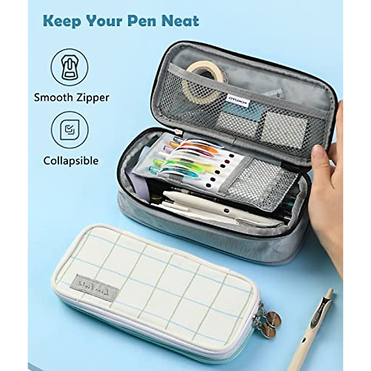 ZILAMGOO Pencil Case, High Capacity Pencil Pen Case Canvas Bag Organizer, Desk Organizer Marker Durable Portable Large Storage Bag for Kids Teens Student Adults (sky blue)