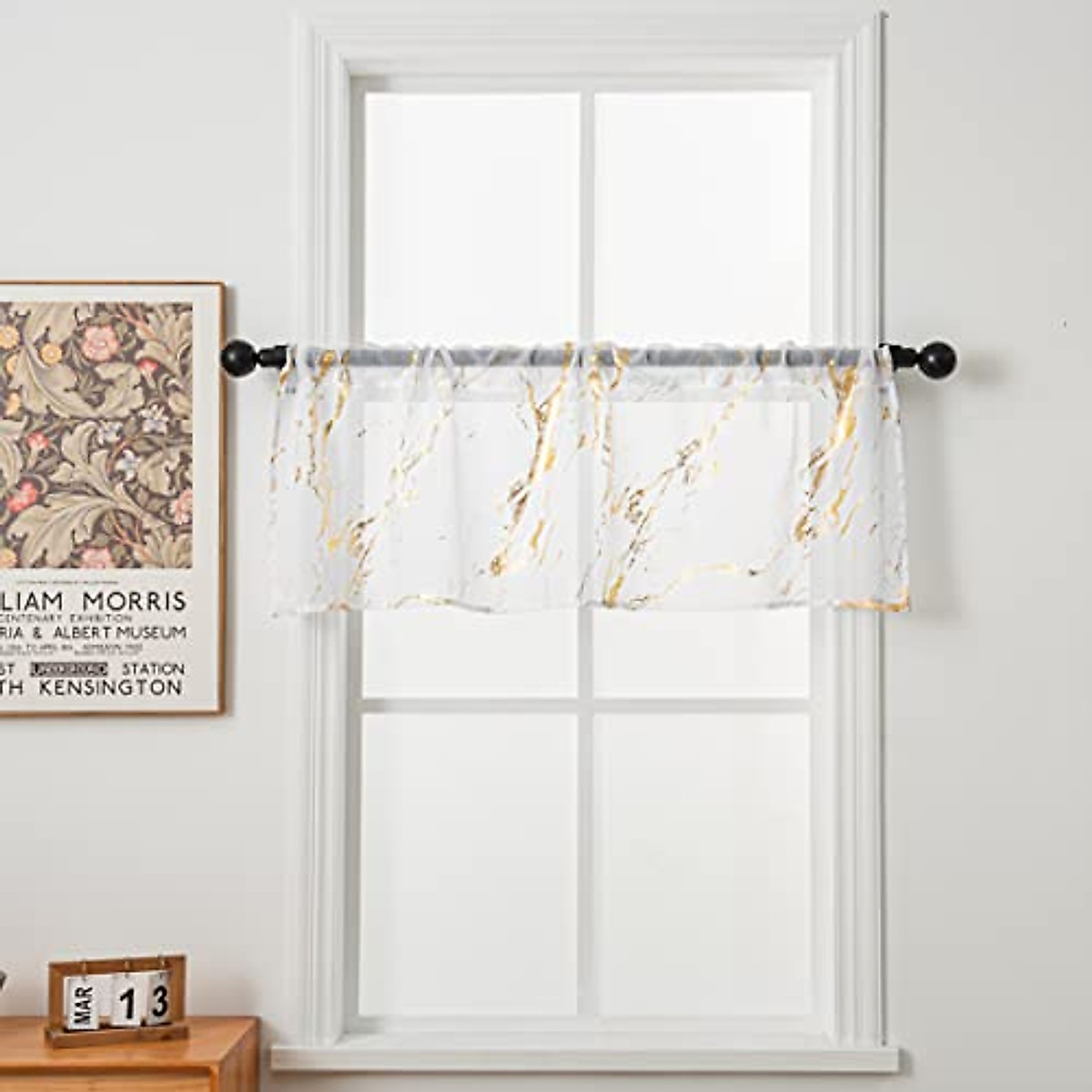 Sutuo Home Marble White Sheer Valance Curtains 18 Inch Length 1 Panel, Gold Foil Print Metallic Bronzing, Privacy Window Treatment Decor Abstract Short Drape Pair for Kitchen 52" W x 18" L