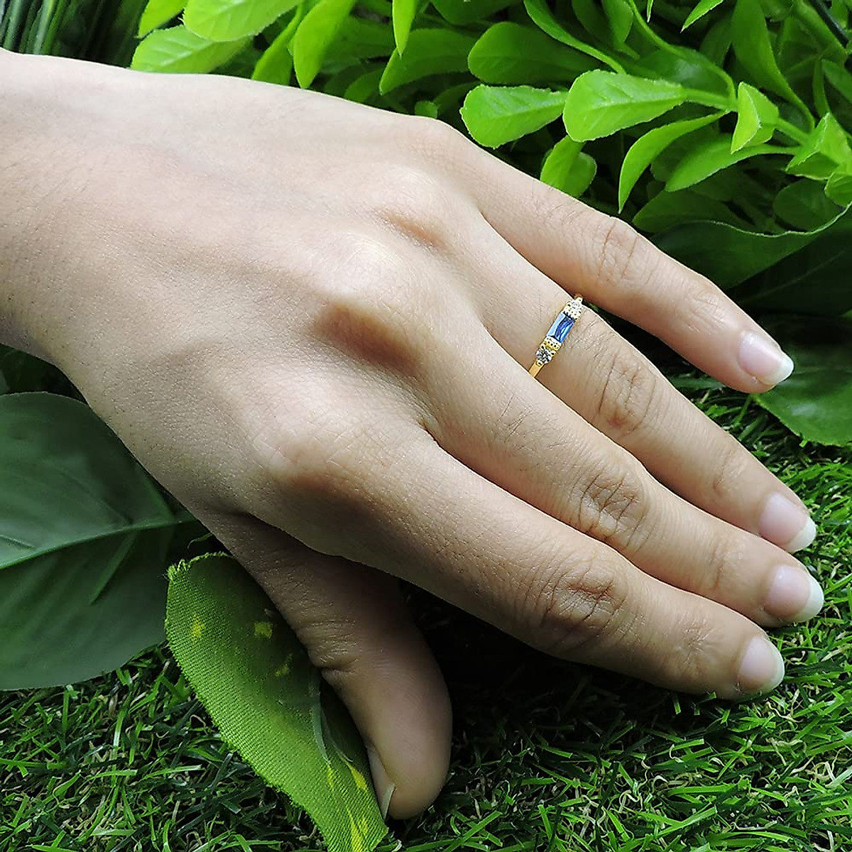 AFFY Baguette Simulated Sapphire Blue & White Cubic Zirconia 14K Yellow Gold Over Sterling Silver Three Stone Design Bridal Engagement Wedding Ring Jewelry For Women Size-6