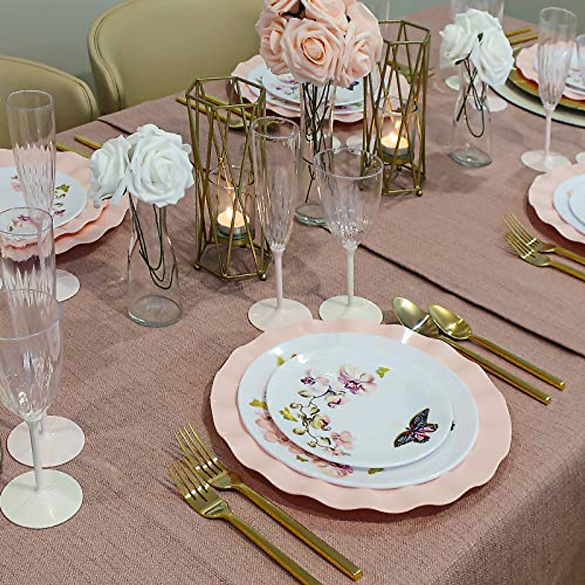 SILVER SPOONS Elegant Plastic Plates for Party with Scalloped Rim (10 PC), Disposable Heavy-Duty Dinner Plates for Wedding Reception - 11.25”, Fancy Plastic Dinnerware Sets - Pink