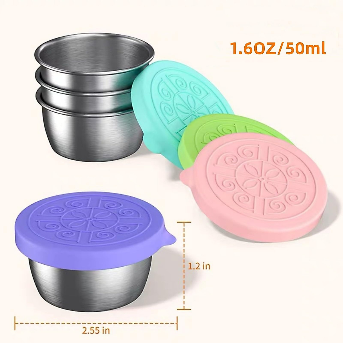 Msbjeuii Salad Dressing Container, 6Pack Sauce Cups Reusable Stainless Condiment Containers with Lids Salad Containers To Go for Lunch Box 1.6OZ