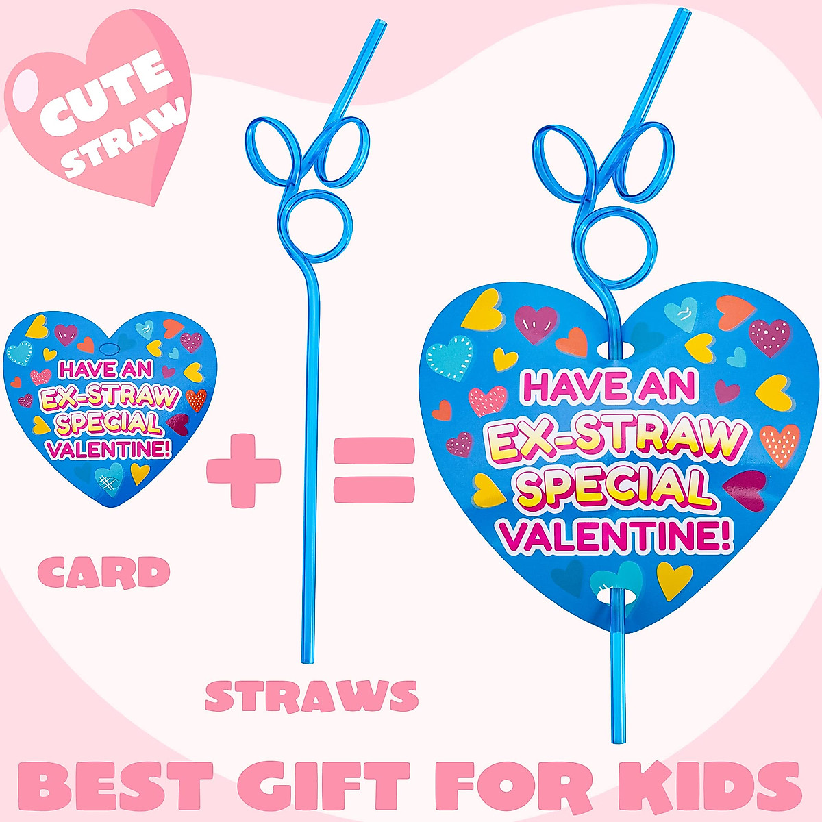 JOYIN 28 Pack Valentines Day Gift Cards with Gift Colorful Crazy Loop Reusable Drinking Straws for Classroom Exchange Prizes, Valentine Party Favors Toy