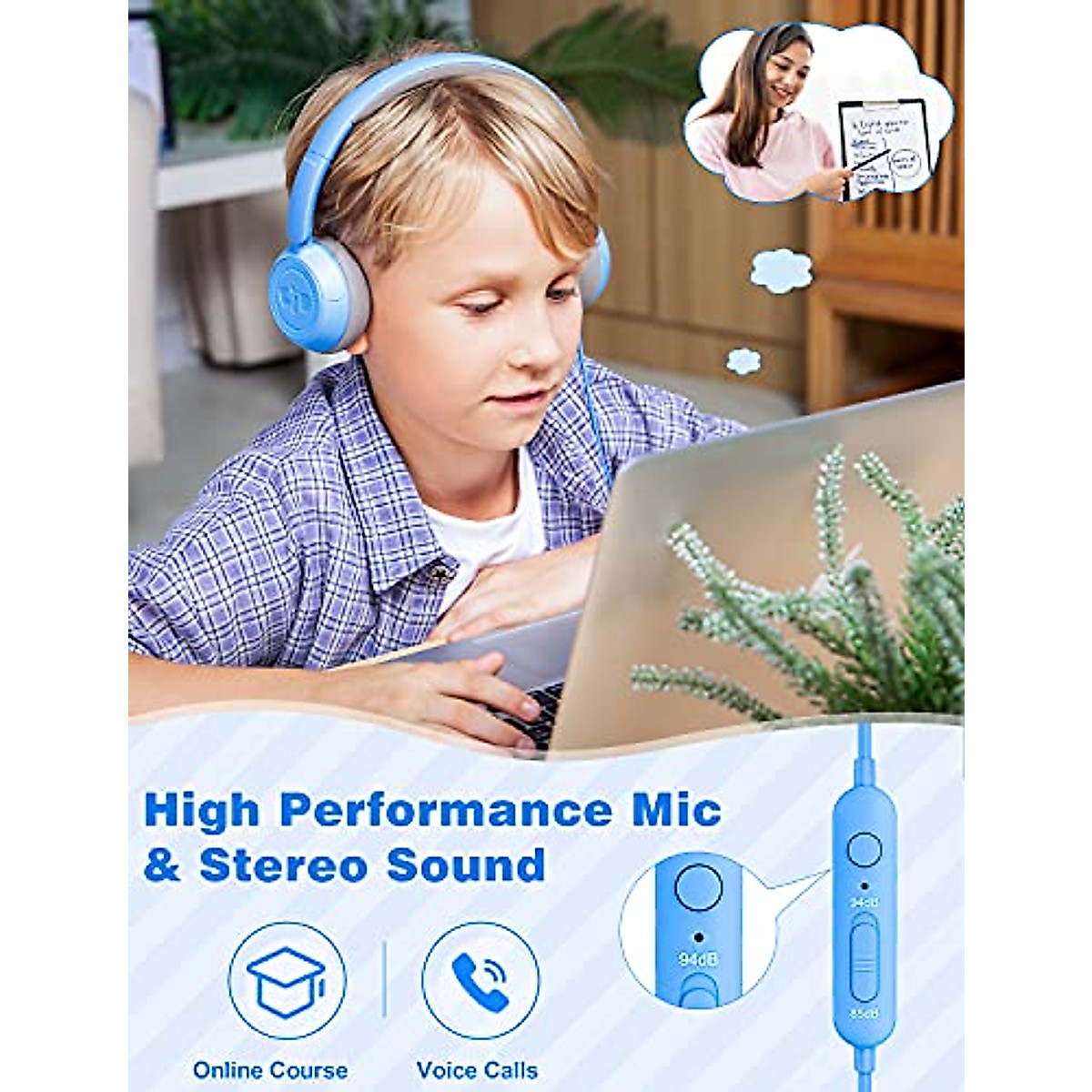 Link Dream Kids Headphones for School with Microphone Stereo On-Ear Folding 85/94dB Volume Control Child Headphones for Kids/Boys/Girls/iPad/Fire Tablet/PC/Travel, Blue
