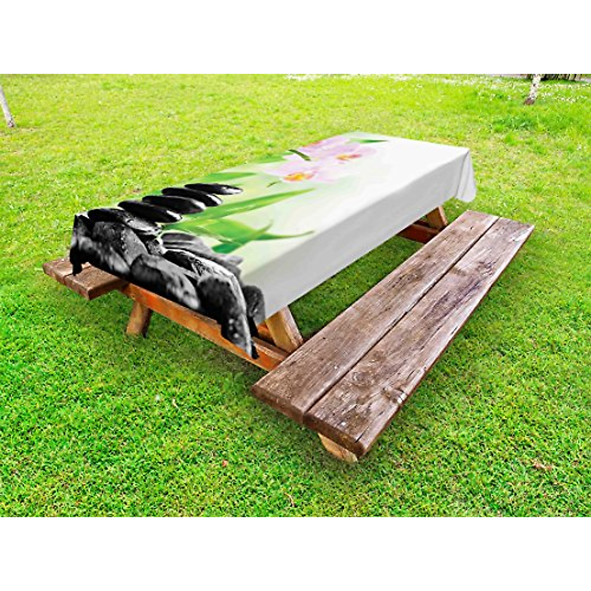 Ambesonne Spa Outdoor Tablecloth, Basalt Stones and Orchid with Dew Peaceful Nature Theraphy Massage Meditation, Decorative Washable Picnic Table Cloth, 58" X 104", Black Pink Green
