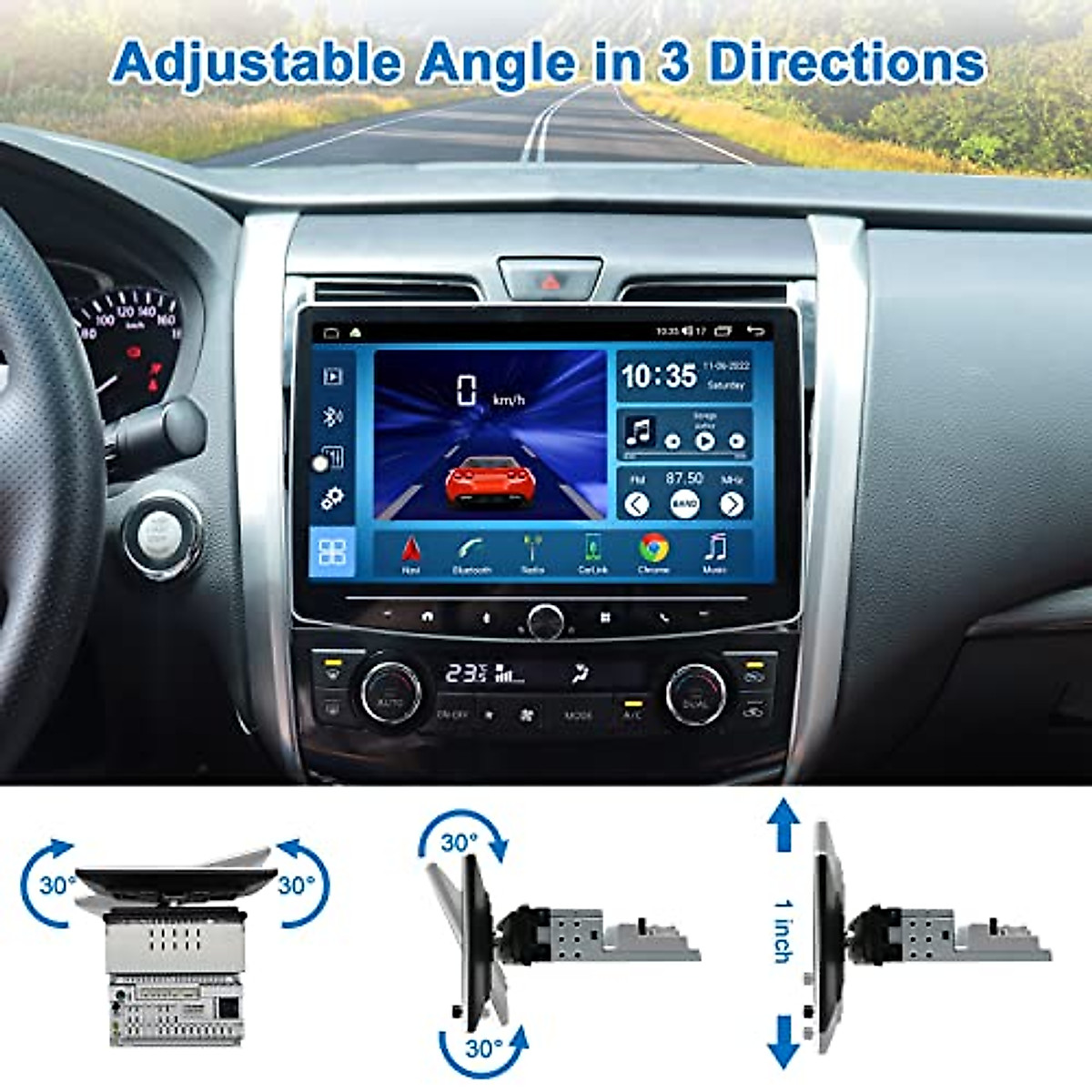 10 Inch Single Din Touchscreen Car Stereo with Wireless Carplay & Wireless Android Auto, Adjustable Android Car Radio with Live Rearview Backup Camera, Bluetooth AM/FM WiFi, GPS Navigation, 2+32G