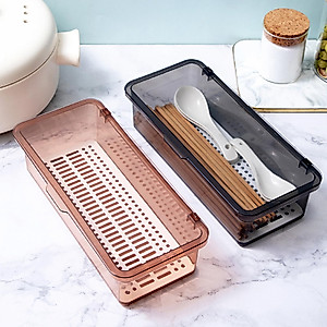 DUZFOREI Flatware Plastic Tray with Lid Kitchen Cutlery and Utensil Drawer Organizer Silverware Countertop Storage Container (Brown)